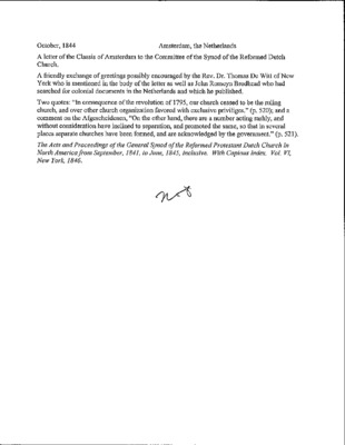 "A Letter of the Classis of Amsterdam to the Committee of the Synod of ...